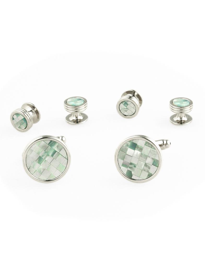 Mosaic Circular Mother of Pearl with Silver Trim Studs and Cufflinks S ...